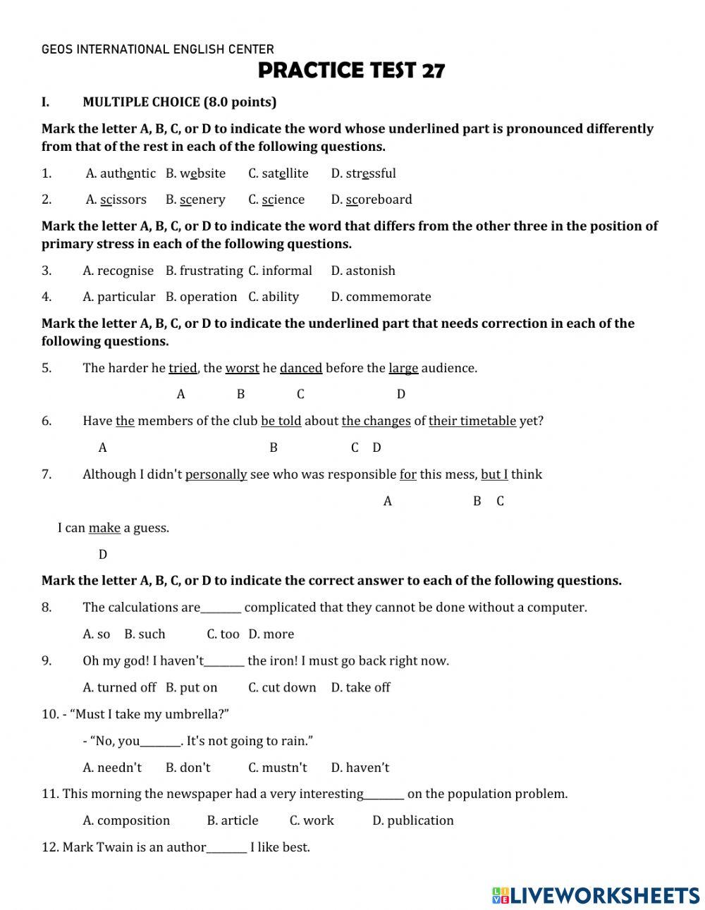 Practice test 27 worksheet | Live Worksheets