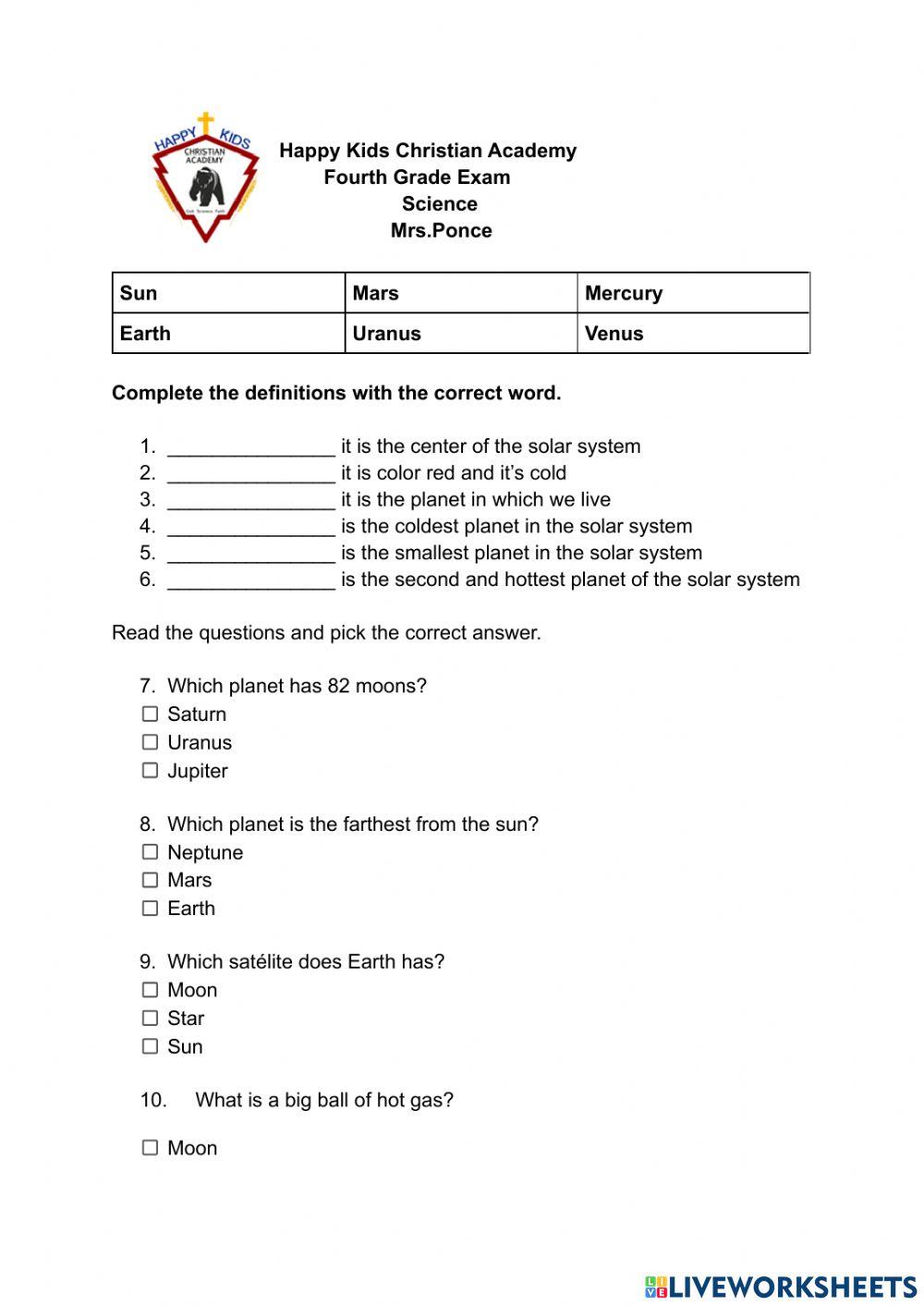Planet Exam worksheet | Live Worksheets