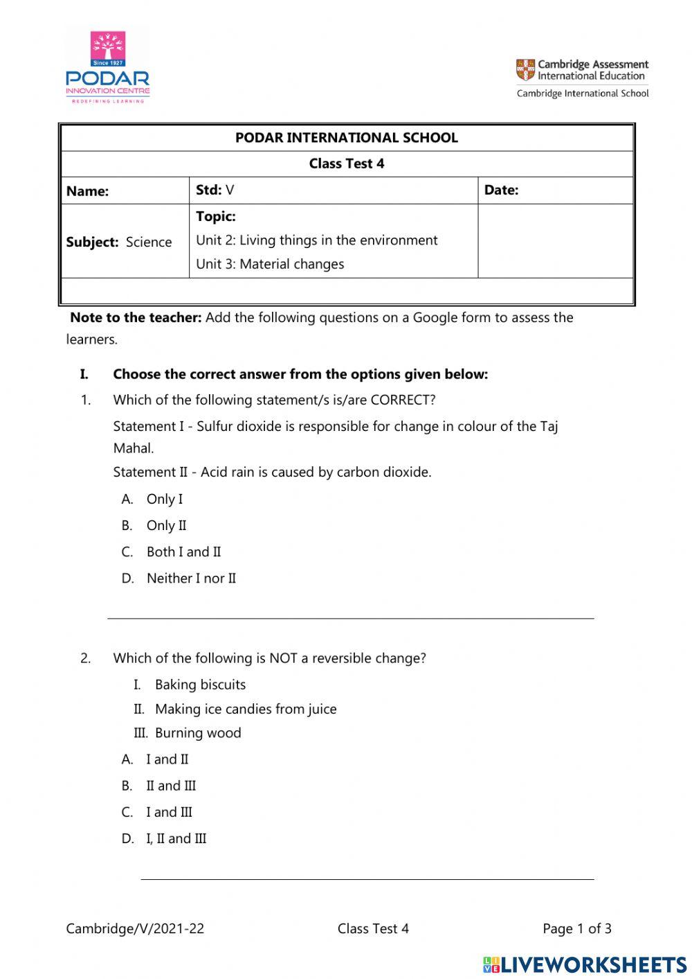Grade 5-Class test online exercise for | Live Worksheets