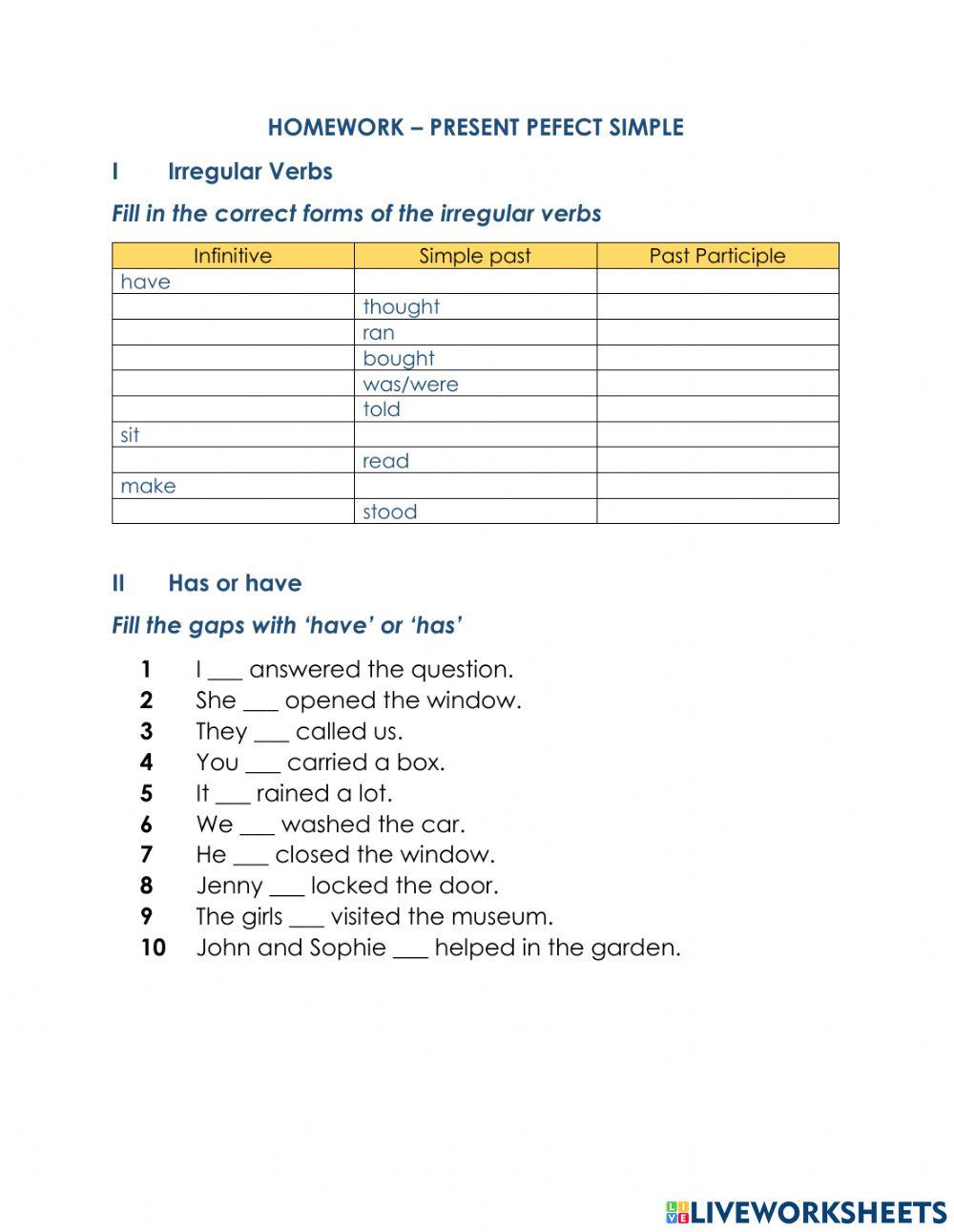 Homework Present Perfect Simple 01 1806439 | anan12587