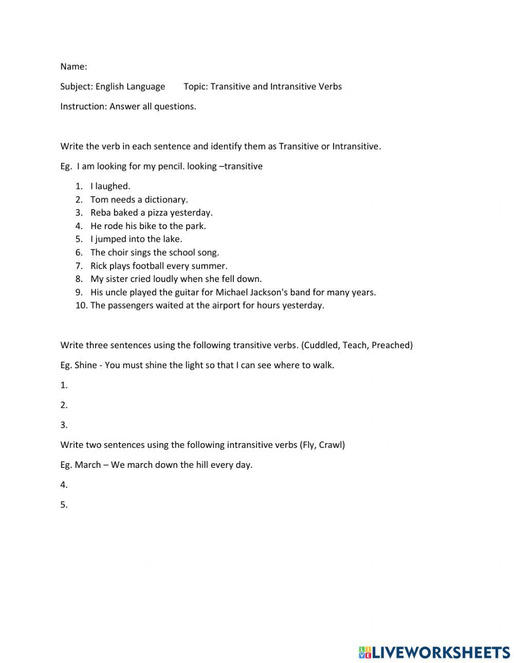 Transitive and intransitive Verbs online exercise for | Live Worksheets