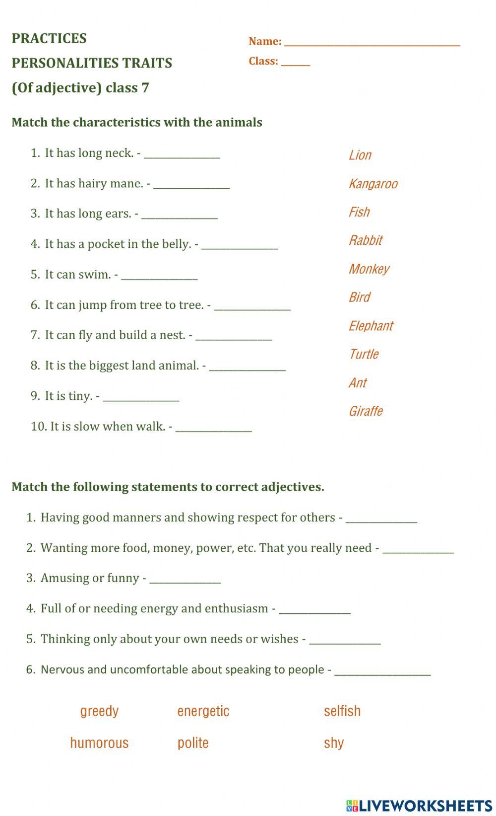 Personalities traits class 7 worksheet | Live Worksheets