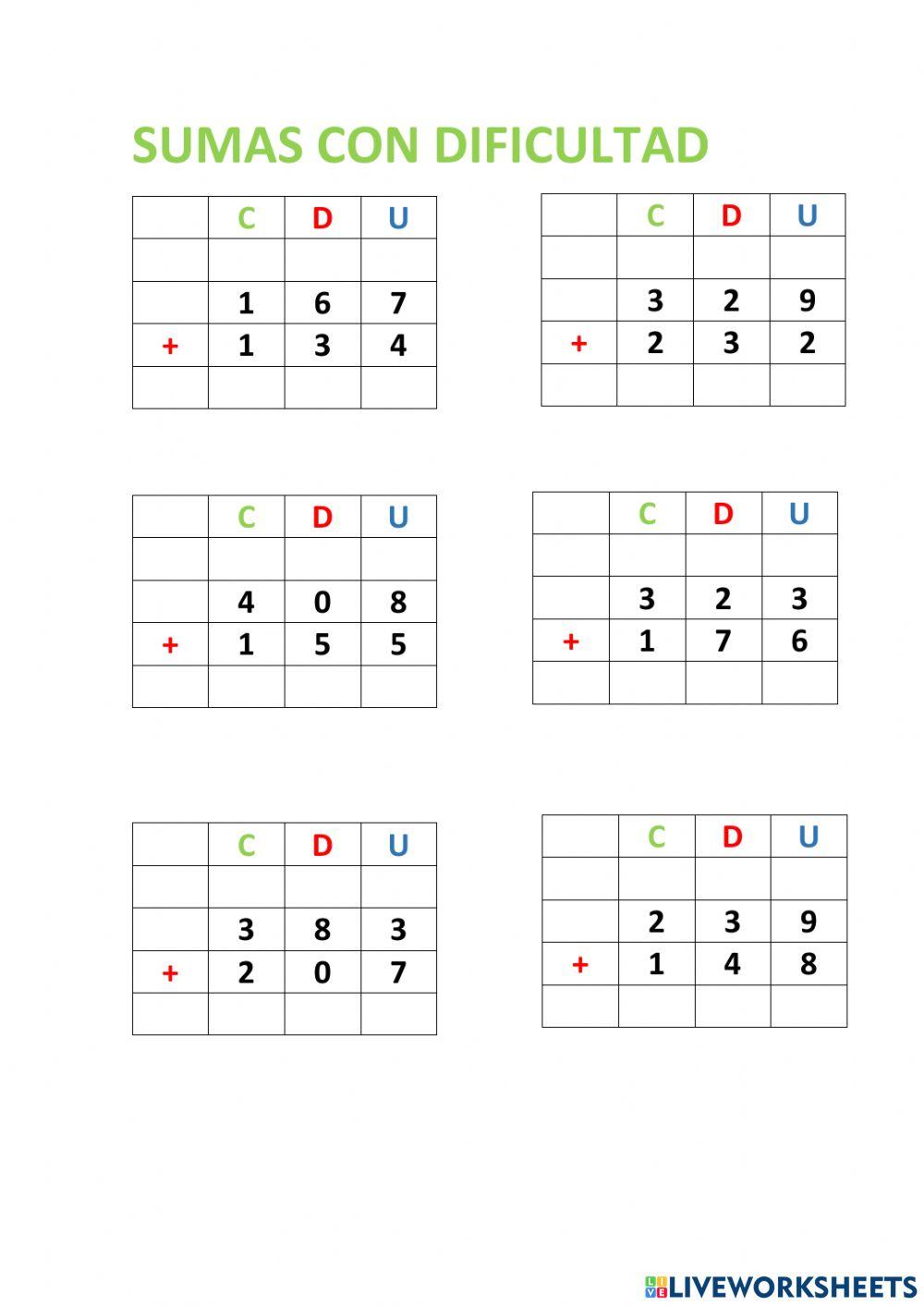 Sumas con dific… | Free Interactive Worksheets | 1807557