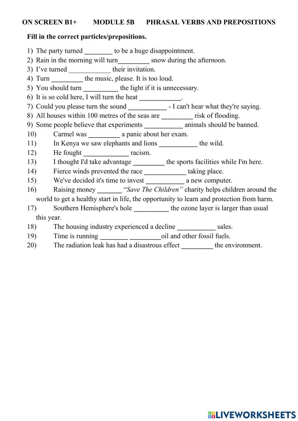 On screen b1+module 5bphrasal verbs and prepositions worksheet | Live Worksheets