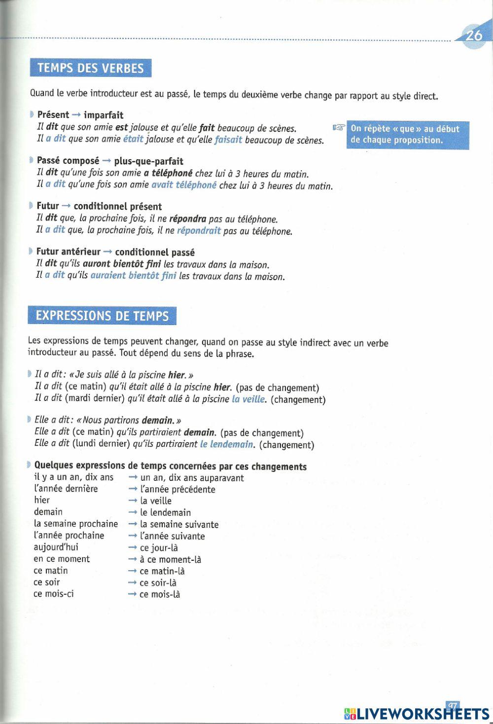 Discours rapporté au passé - Dialogues online exercise for B2 | Live ...