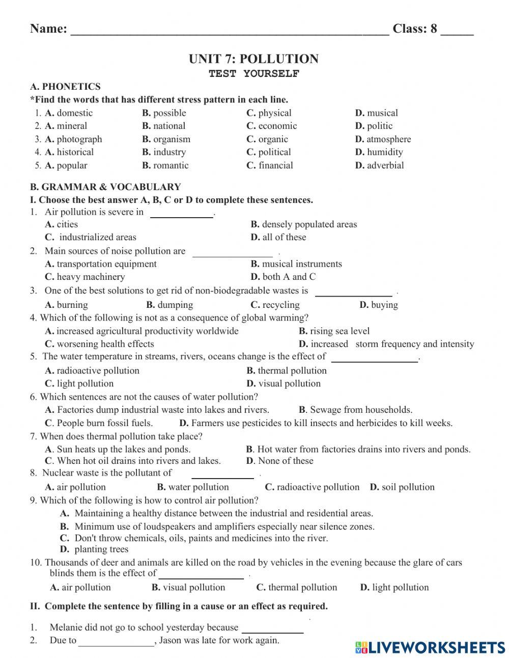 WORKSHEET 2 - UNIT 7 POLLUTION - GRADE 8 online exercise for | Live ...