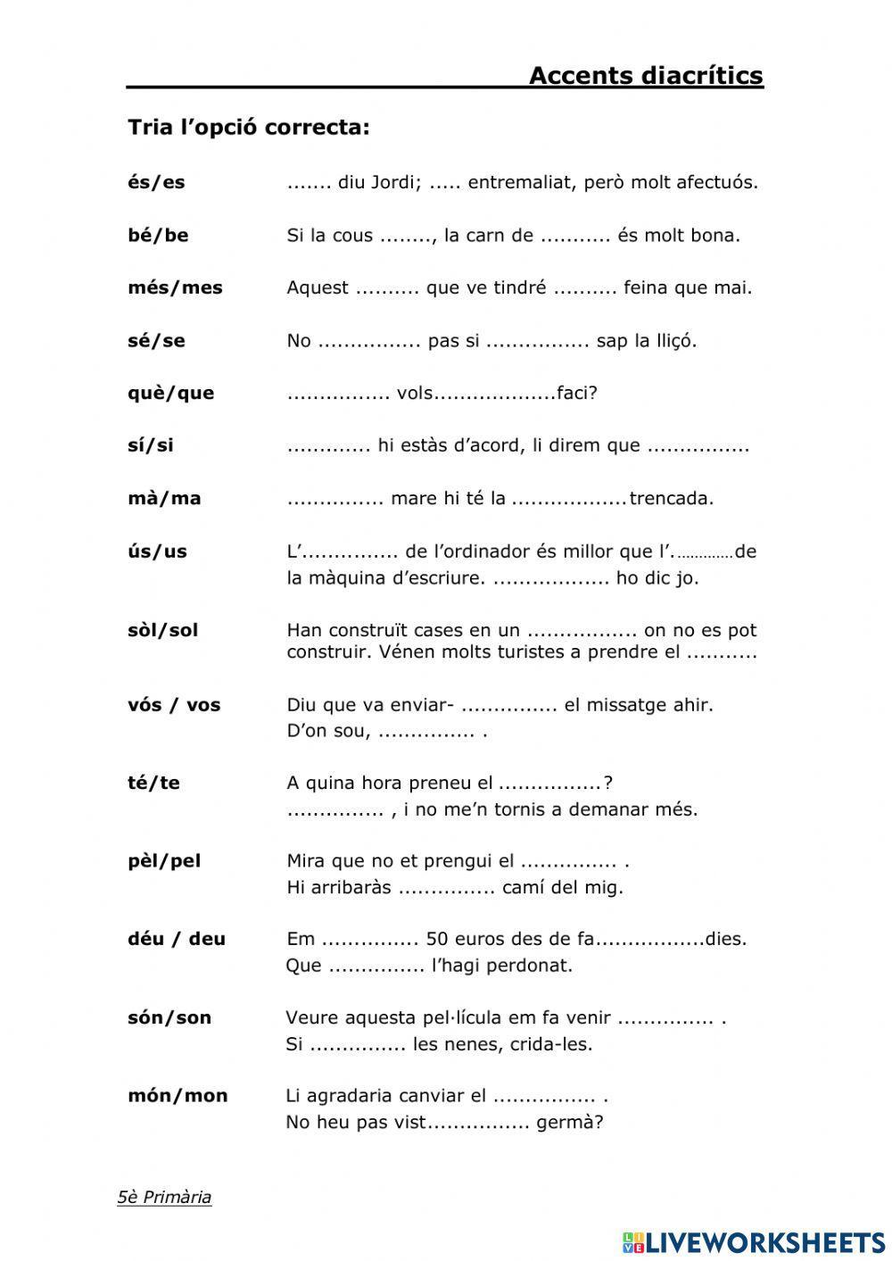 Els 15 accents … | Free Interactive Worksheets | 1808326