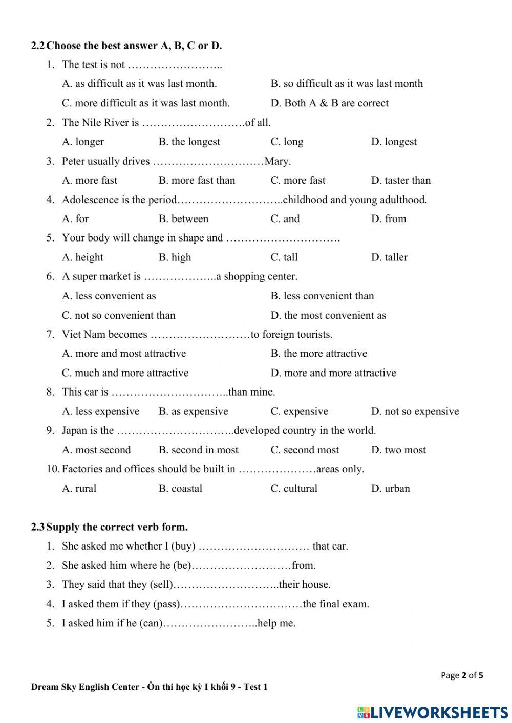 Grade 9-Test 1 worksheet | Live Worksheets