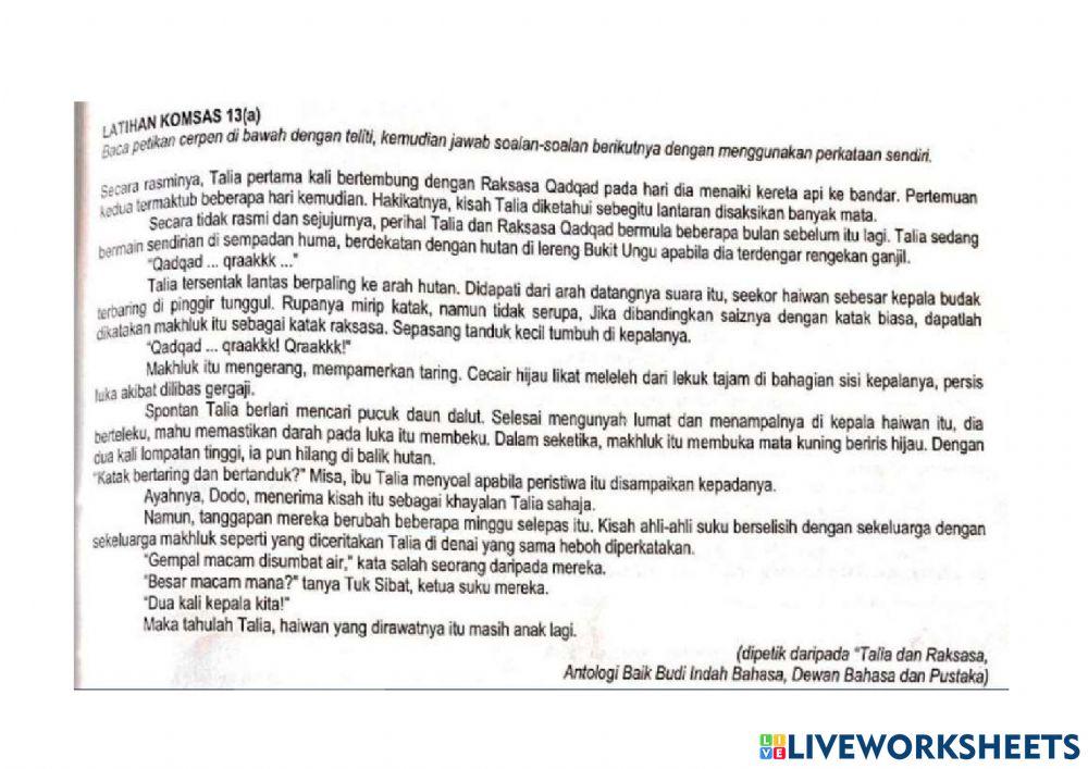 CERPEN TALIA DAN RAKSASA QADQAD T2 online exercise for | Live Worksheets