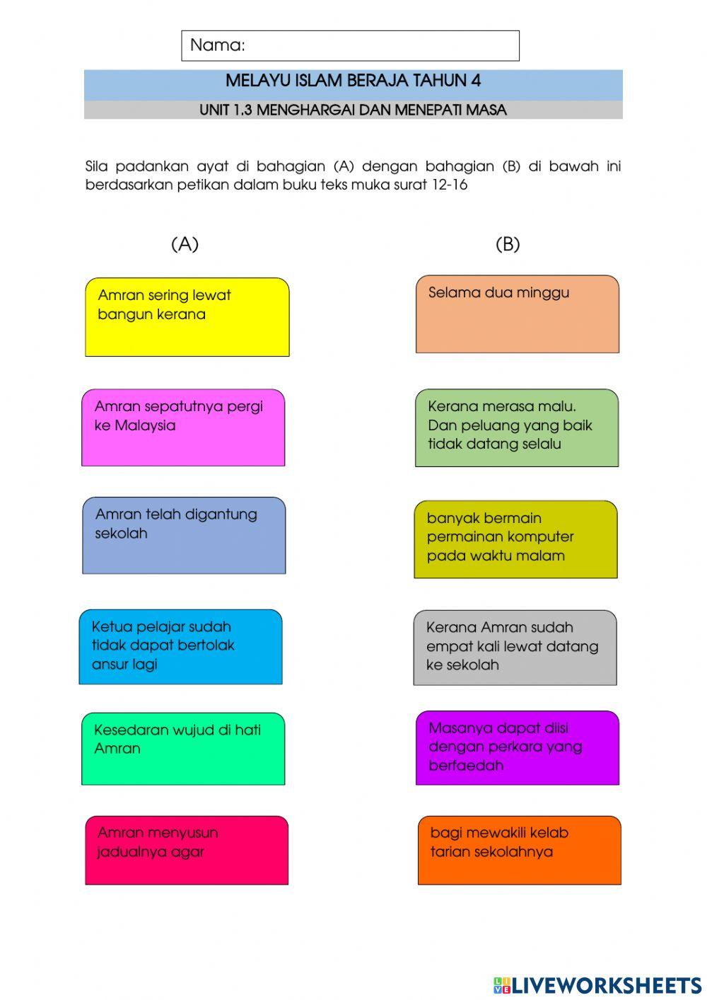 MIB 4- UNIT 1.3 MENGHARGAI DAN MENEPATI MASA online exercise for | Live ...