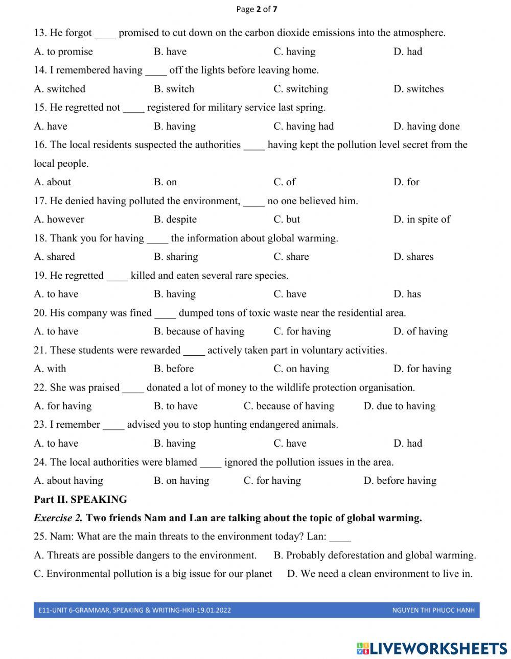 E11-UNIT 6-Speaking, Writing & Grammar | NGUYEN THI