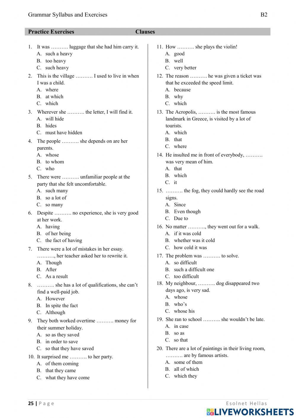 LRN B2 CLAUSES | Free Interactive Worksheets | 2317735