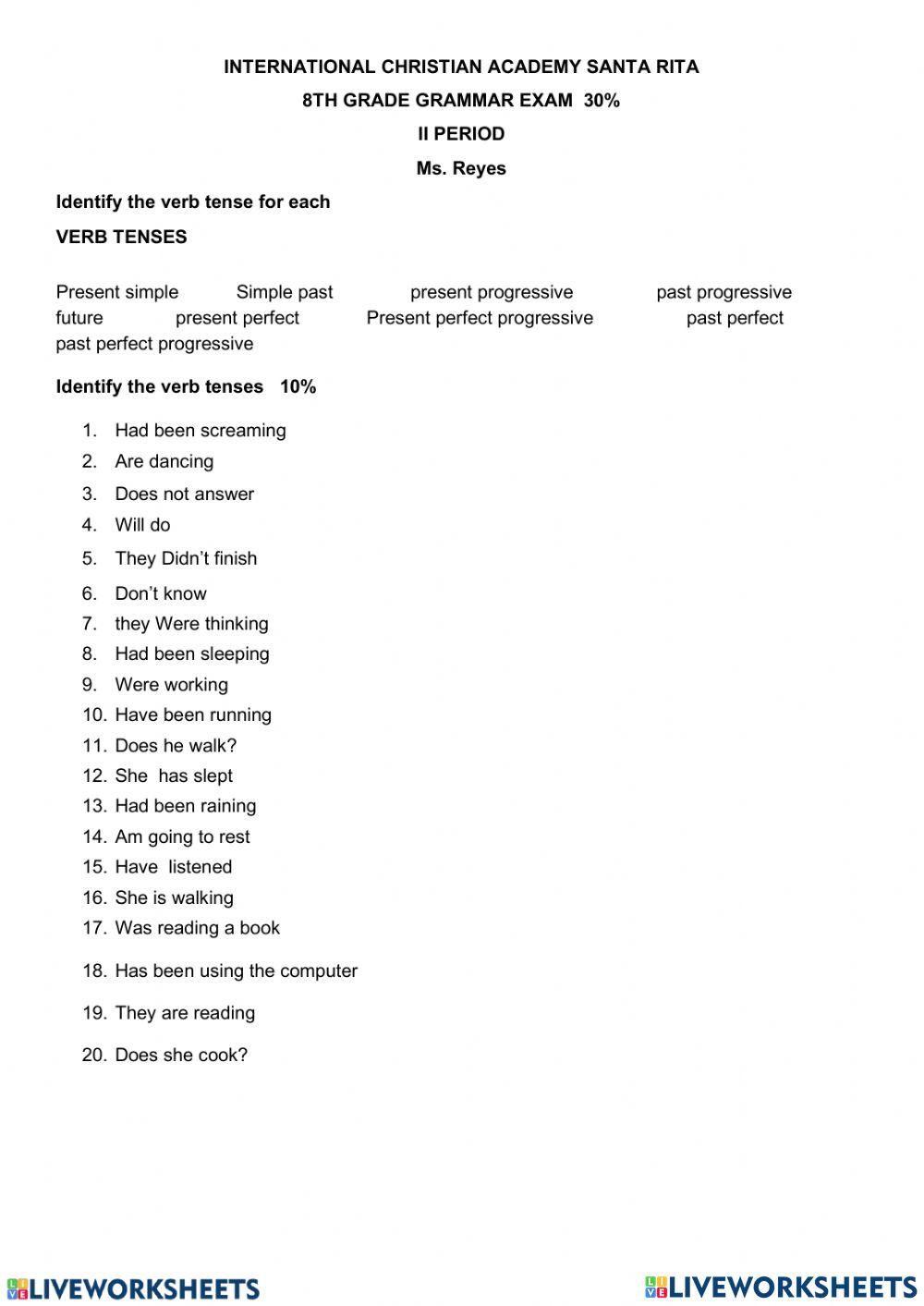 Tenses online exercise for 8th | Live Worksheets