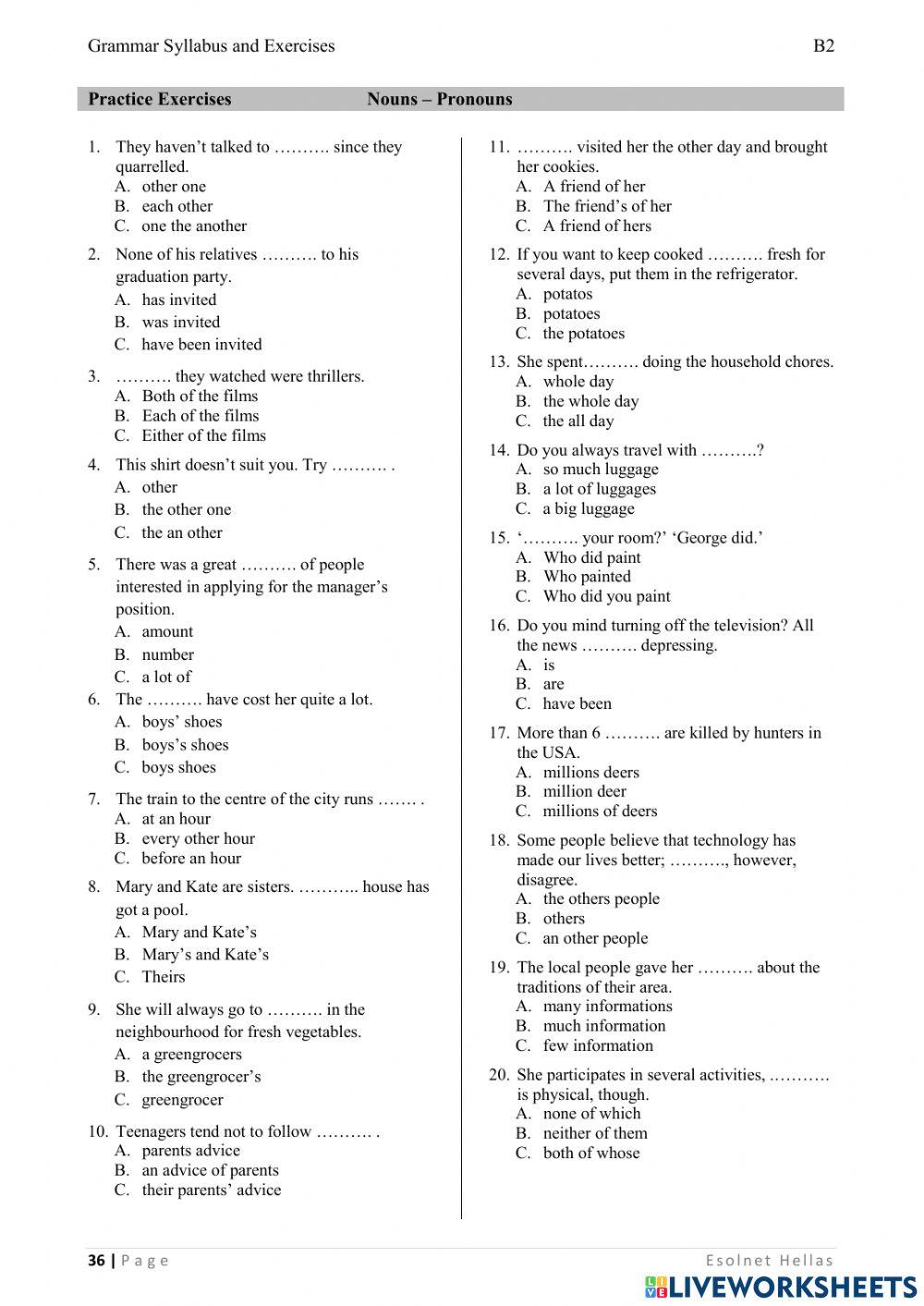 LRN B2 NOUNS-PRONOUNS worksheet | Live Worksheets