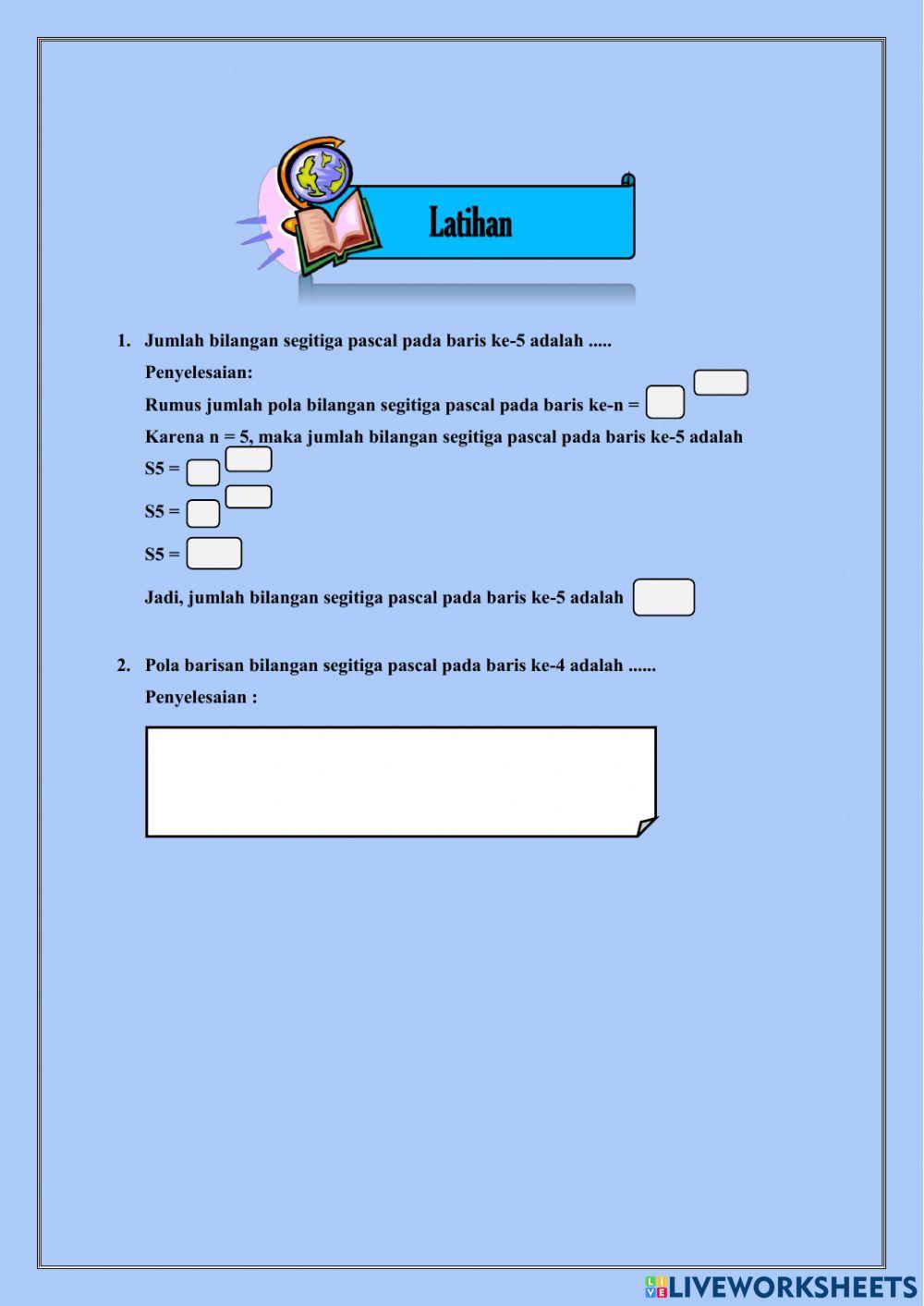 Pola Bilangan Segitiga Pascal interactive worksheet | Live Worksheets
