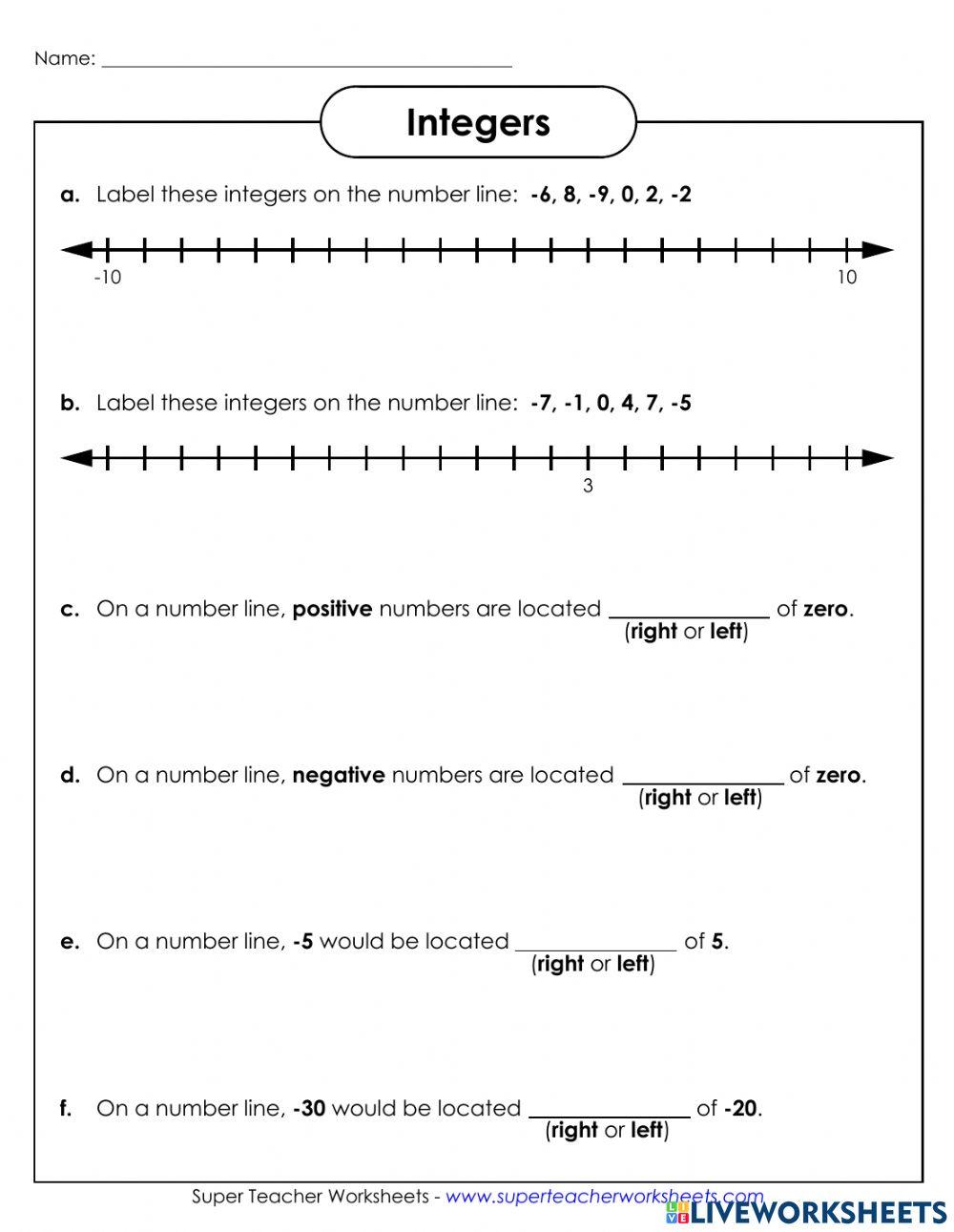 Integers Number Line Online Exercise For | Live Worksheets
