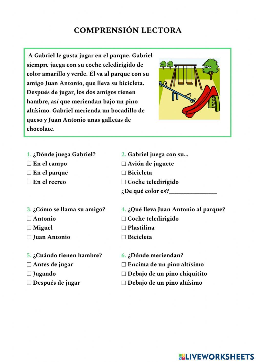 Texto comprensión lectora. Al parque. worksheet | Live Worksheets