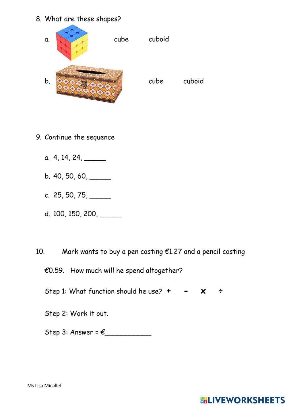 Maths Revision Assessment worksheet | Live Worksheets