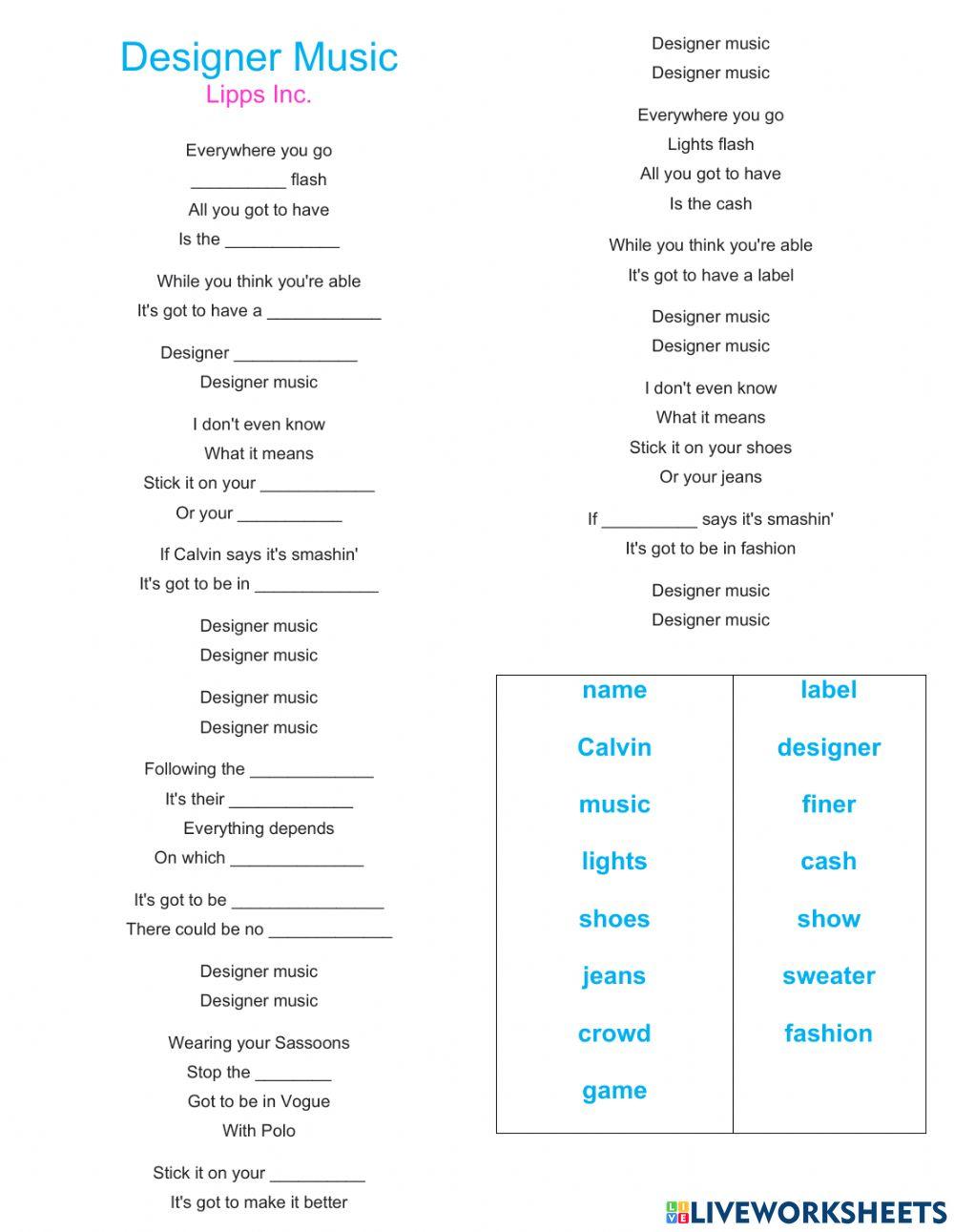 Designer music worksheet | Live Worksheets