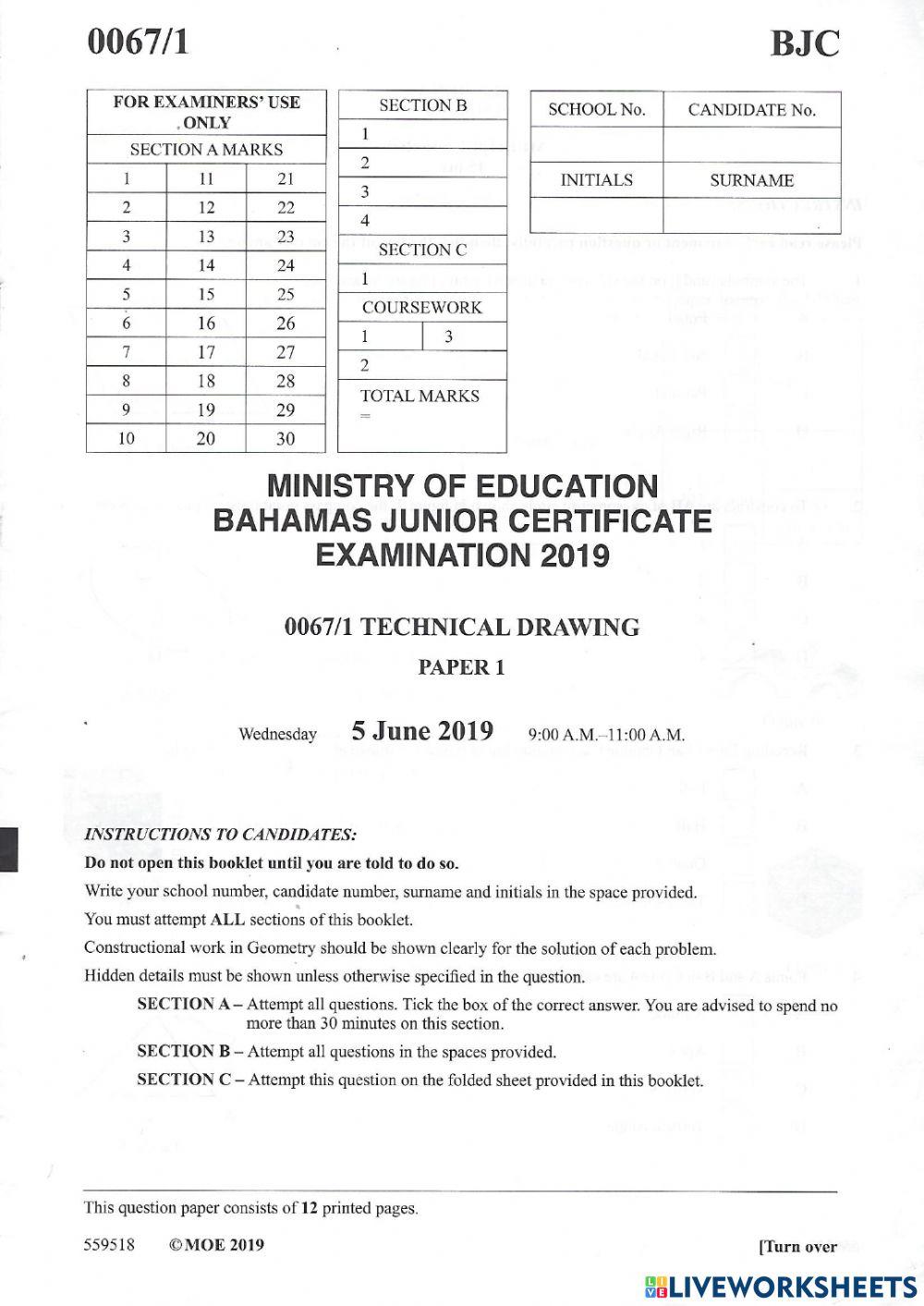 BJC EXAMINATION SECTION A-2019 online exercise for | Live Worksheets