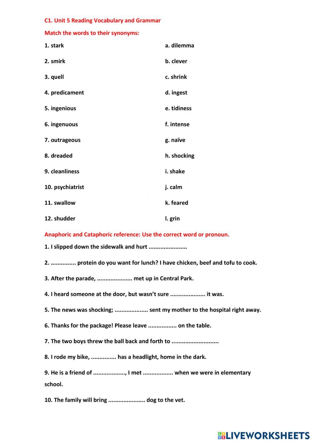 C1.1 Unit 5 Reading Vocabulary and Grammar worksheet | Live Worksheets