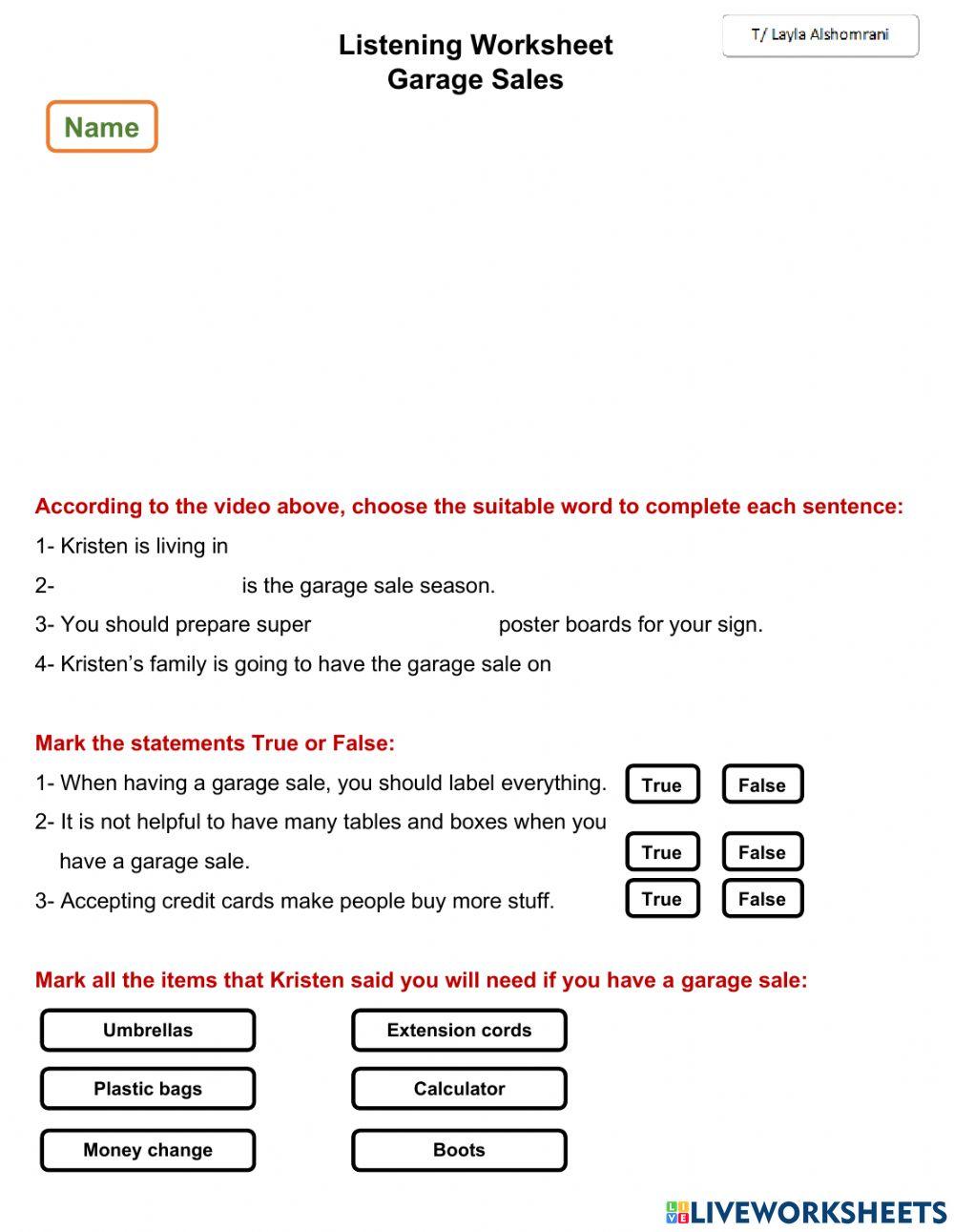 Garage Sales Listening Worksheet online exercise for | Live Worksheets