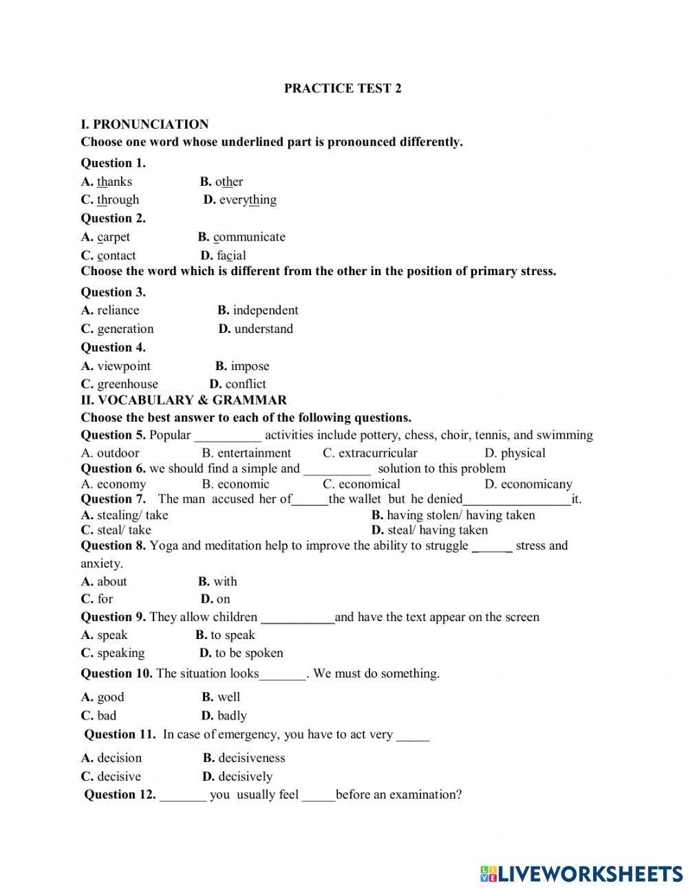 E11 - practice test 2 worksheet | Live Worksheets