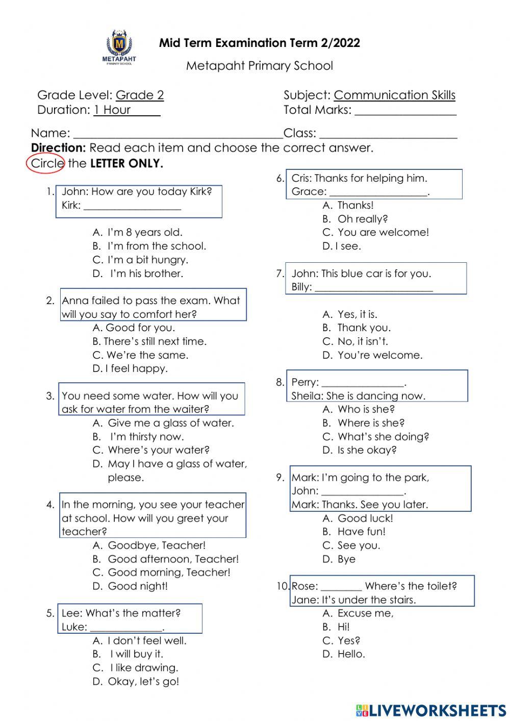 Communication S… | Free Interactive Worksheets | 1810307
