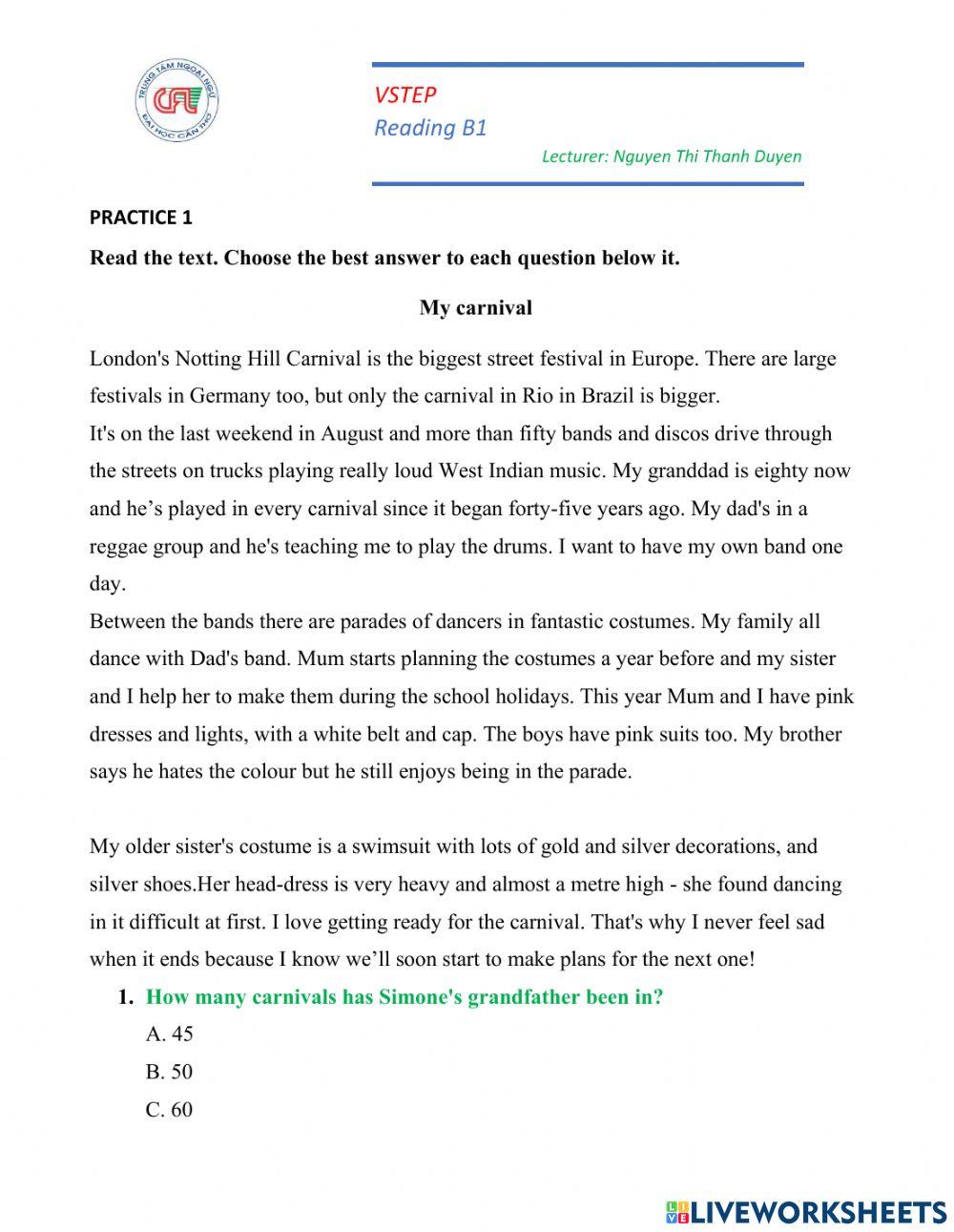 Reading B1 week4 practice 1 online exercise for | Live Worksheets
