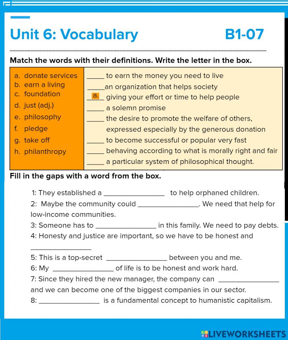 B1-07 Vocabulary Unit 6 worksheet | Live Worksheets