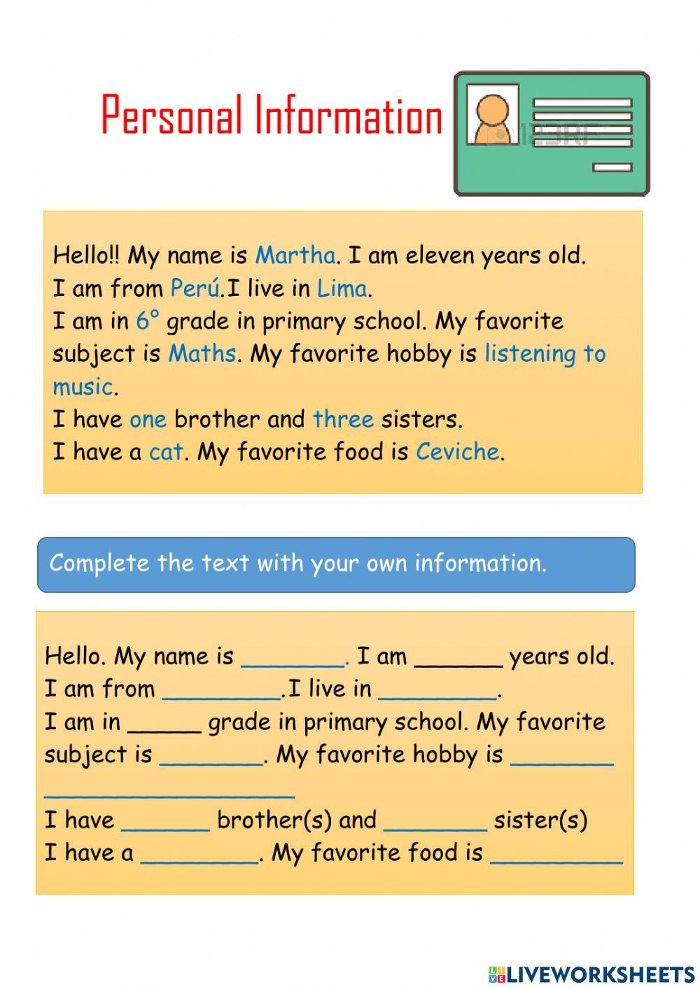 Personal information online exercise for Jiuniors | Live Worksheets