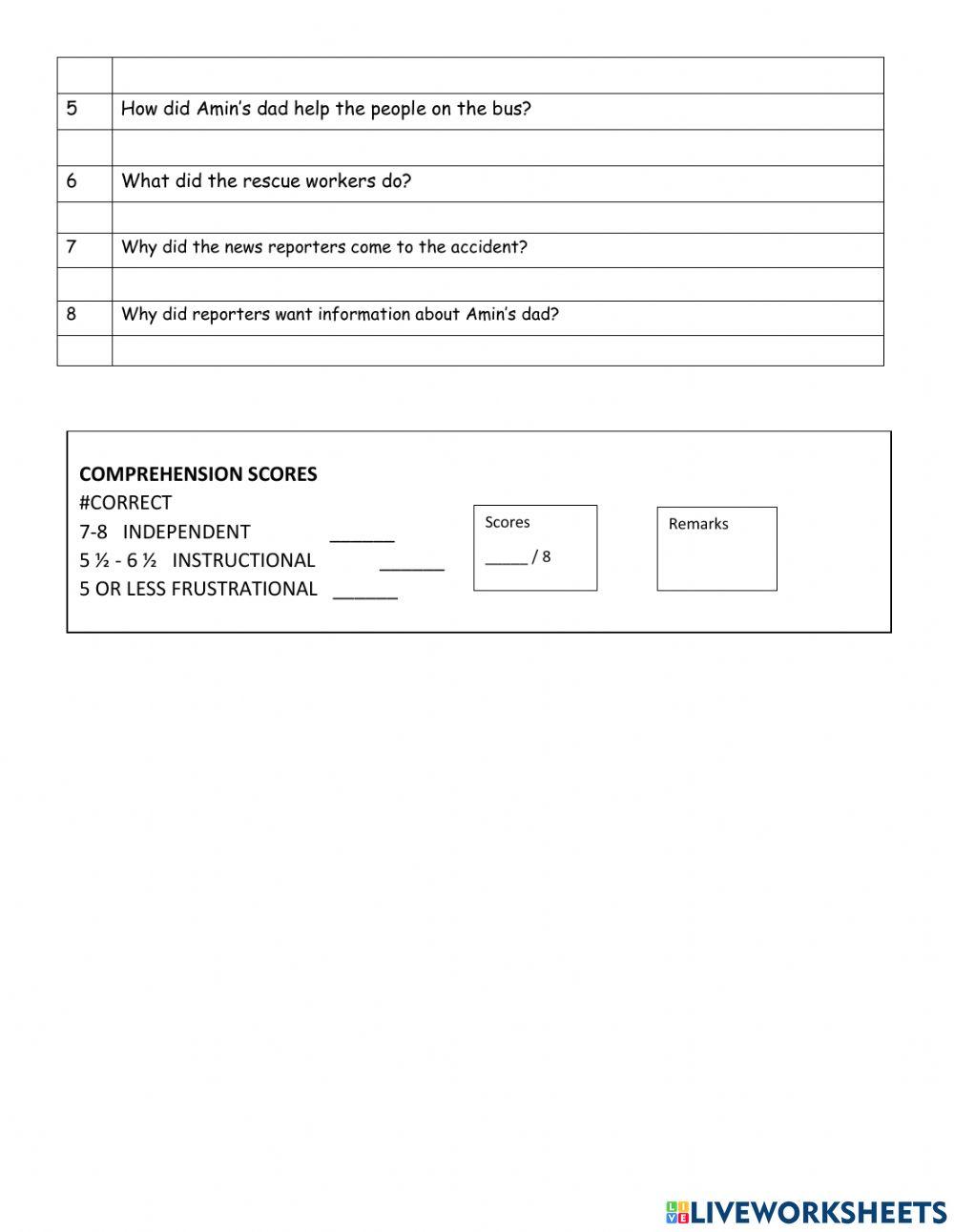 Year 6 Comprehe… | Free Interactive Worksheets | 1810481
