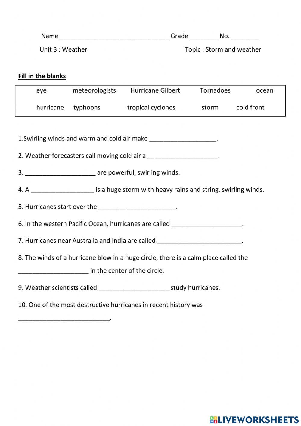 Weather online exercise for grade9 | Live Worksheets