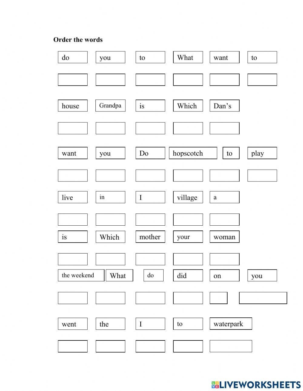 English order the words worksheet | Live Worksheets