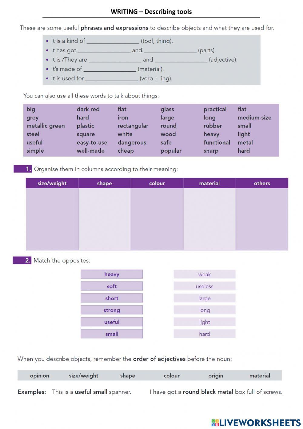 Writing describing tools online exercise for | Live Worksheets