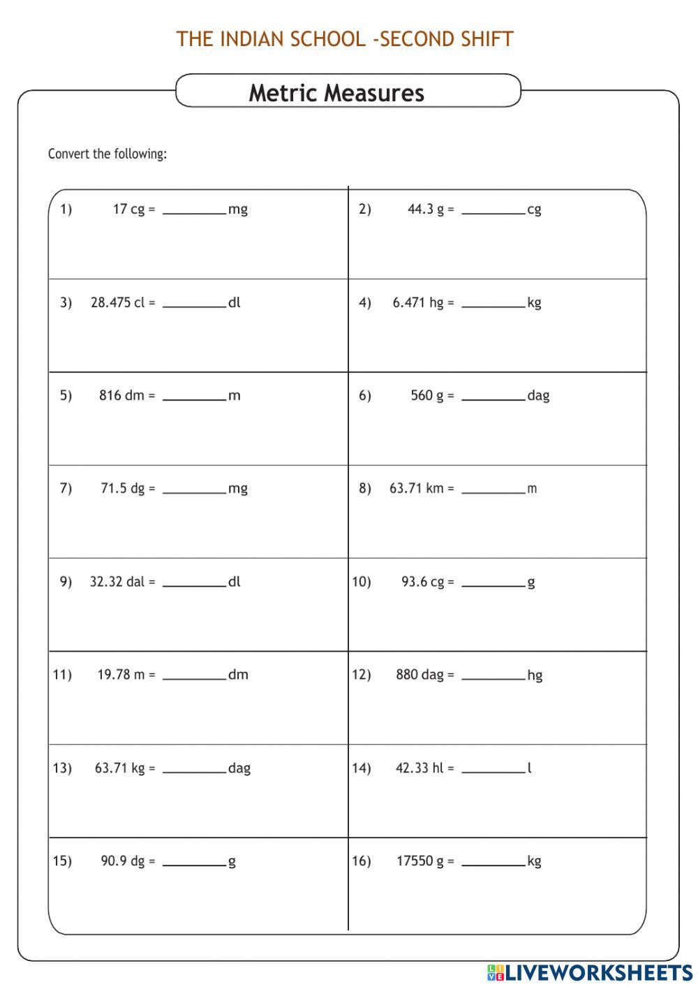 METRIC MEASURES, CLASS 5 online exercise for | Live Worksheets