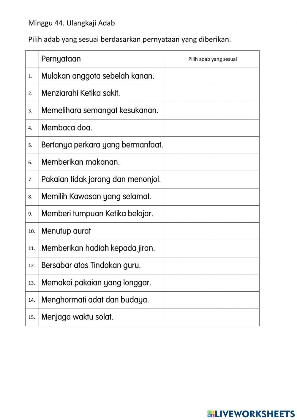 Ulangkaji adab … | Free Interactive Worksheets | 1811979