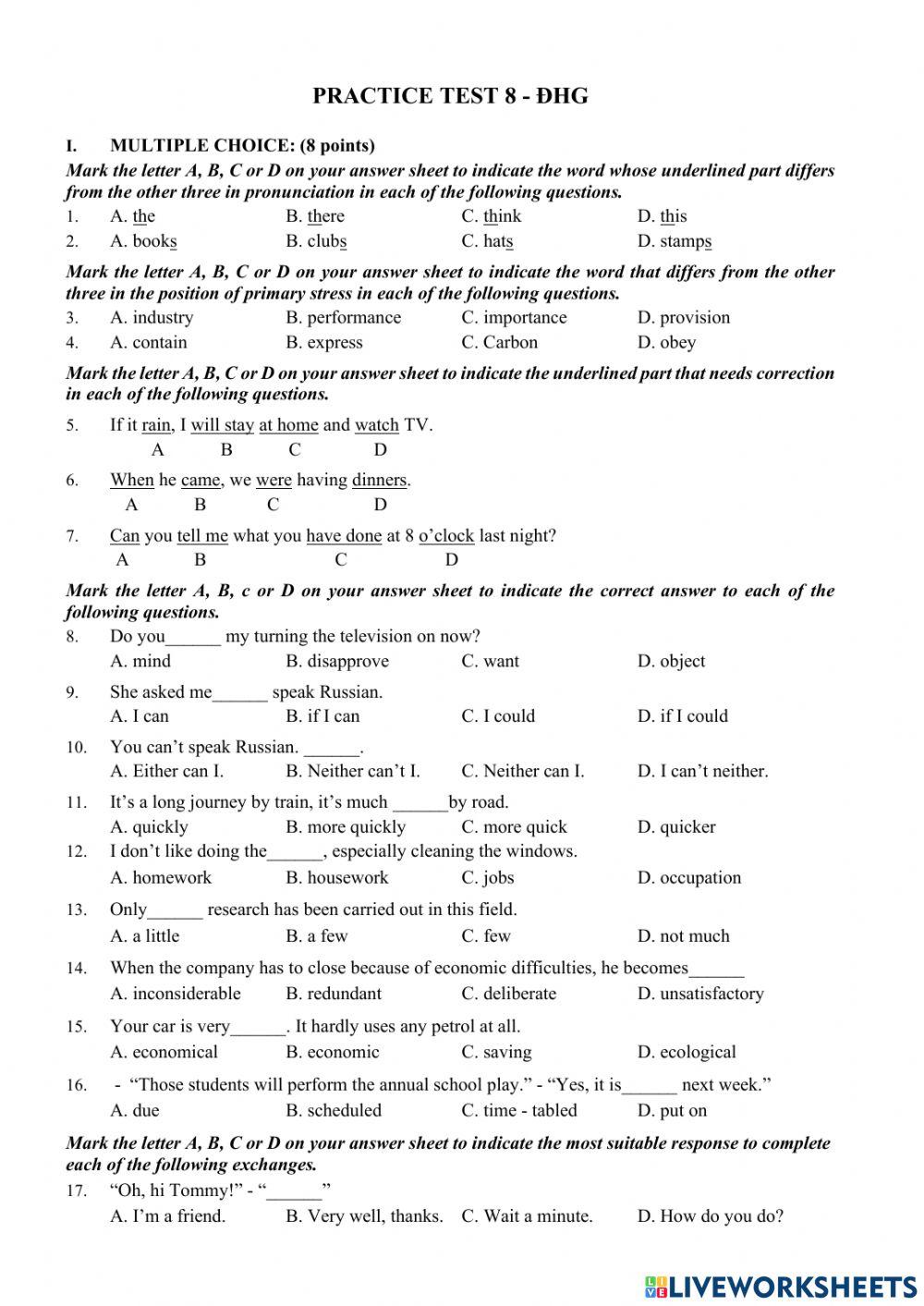 E9 Practice Test 8 Đhg Worksheet Live Worksheets