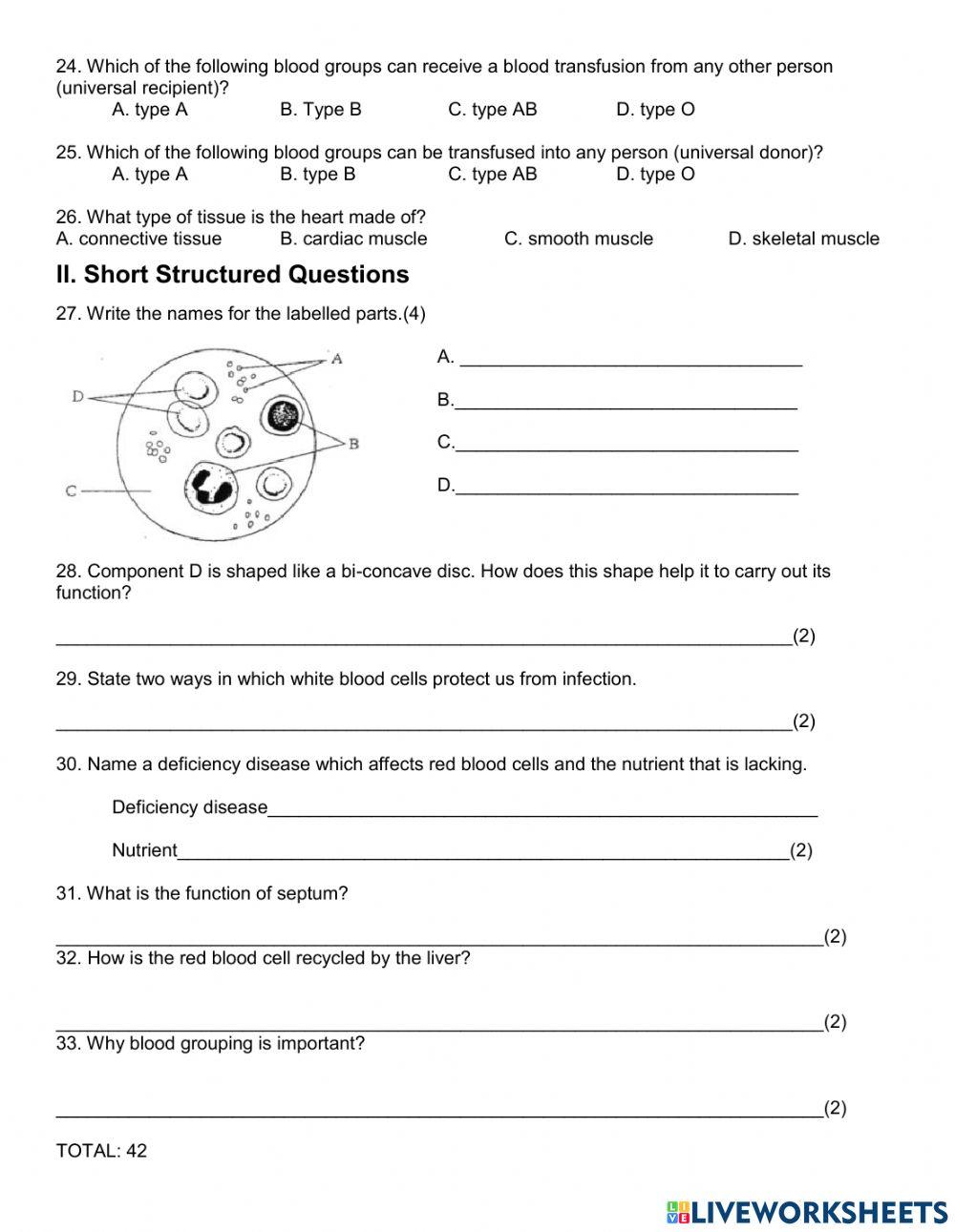 Chapter Test on Circulatory System worksheet | Live Worksheets