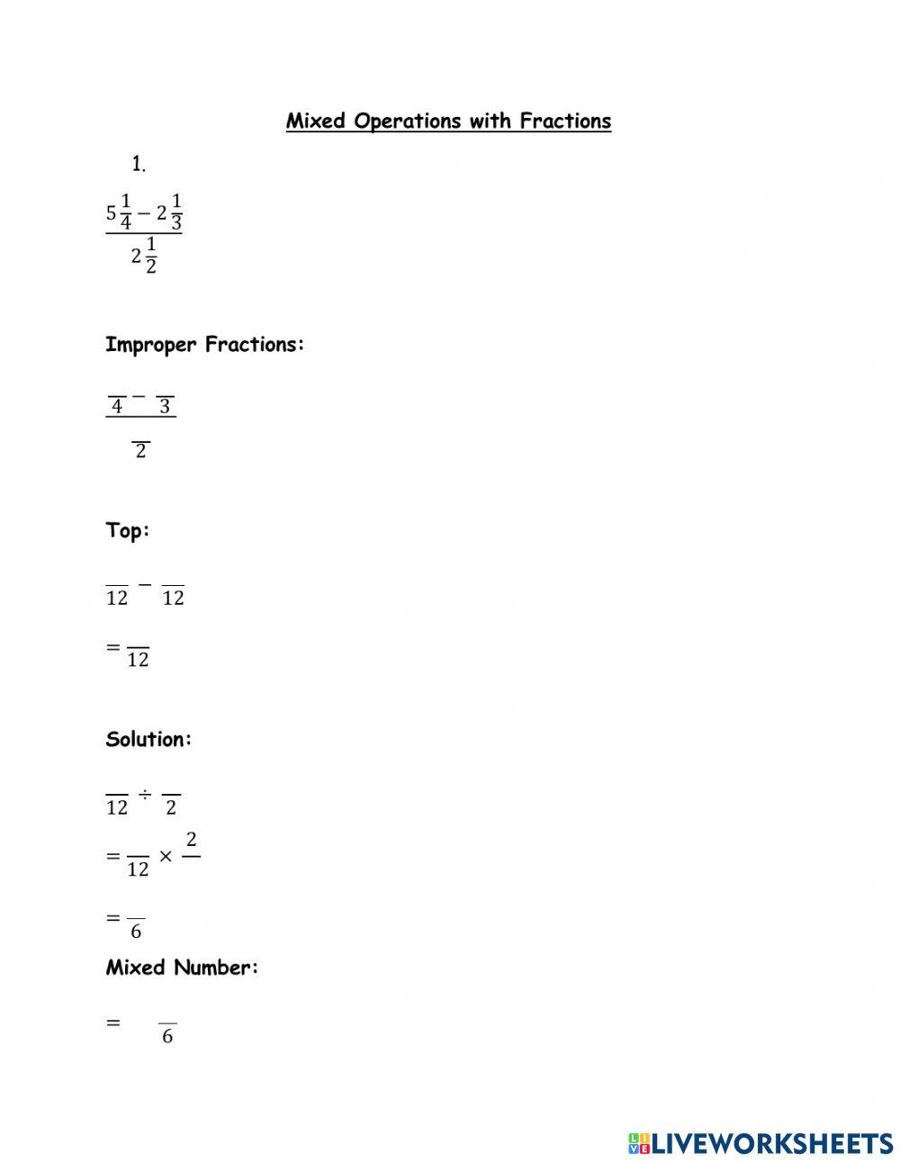 MIXED CACULATIONS WITH FRACTIONS online exercise for | Live Worksheets