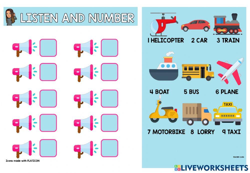 Listen and number transport worksheet | Live Worksheets