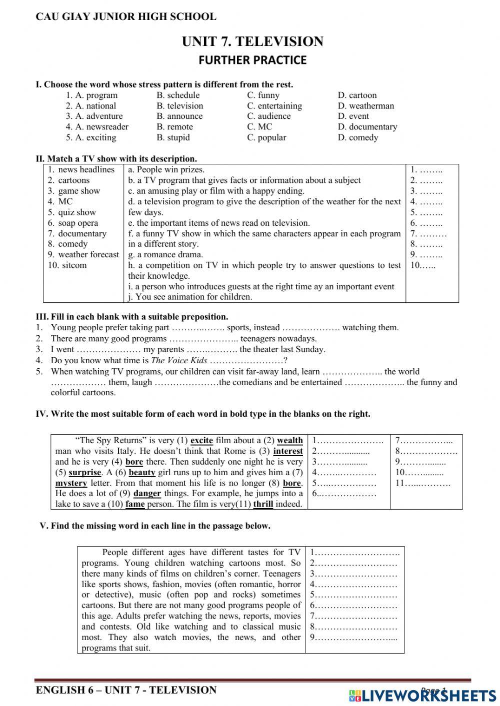 E6 - Unit 7 - Further Practice 1 worksheet | Live Worksheets