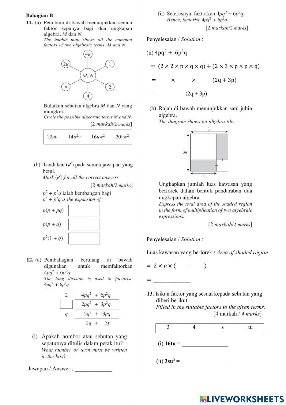 T2B2(1) Pemfaktoran dan Pecahan Algebra online exercise for | Live ...