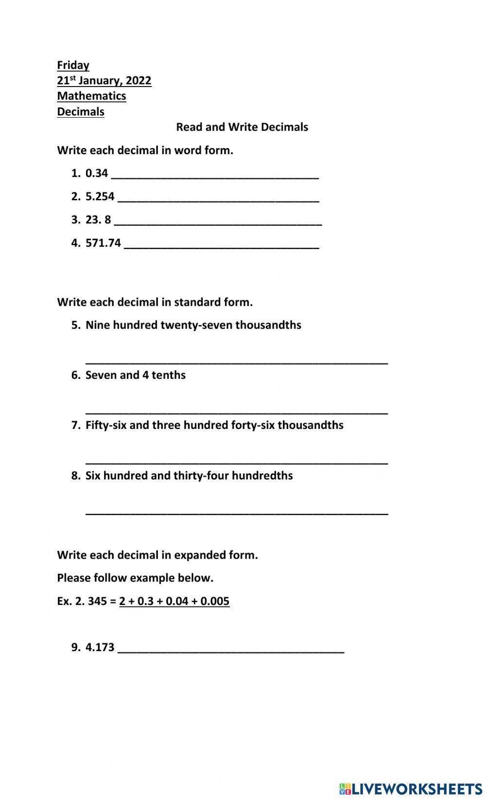 read and write decimal online exercise for | Live Worksheets