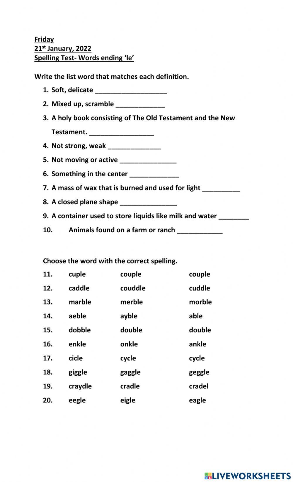 5282251 | spelling test 2-words ending lr | Ronecce
