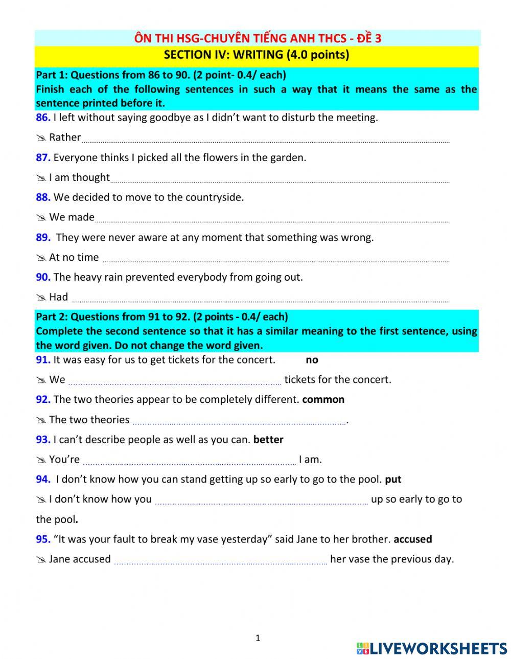 Ôn hsg-chuyên av9-đề 3-p4-writing worksheet | Live Worksheets