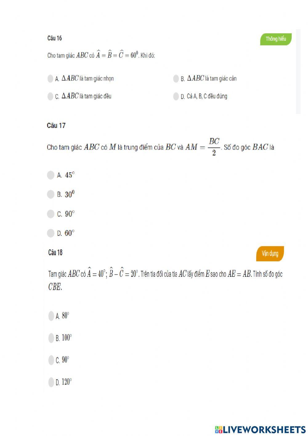 Bài tâp tam giác cân worksheet | Live Worksheets