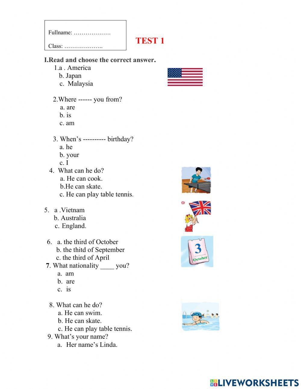 ENGLISH 4 TEST 1 online exercise for | Live Worksheets