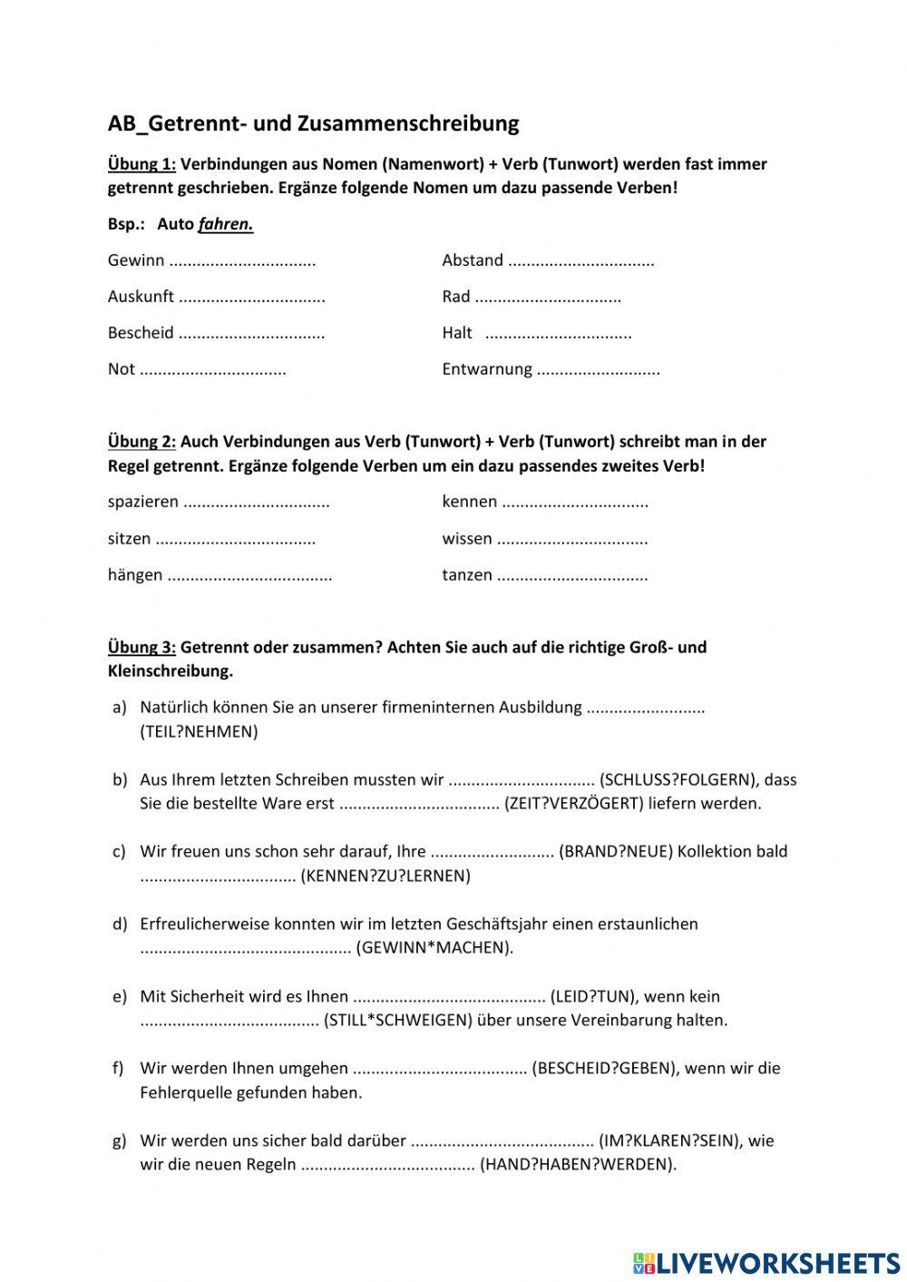 AB-Getrennt-und-Zusammenschreibung online exercise for | Live Worksheets