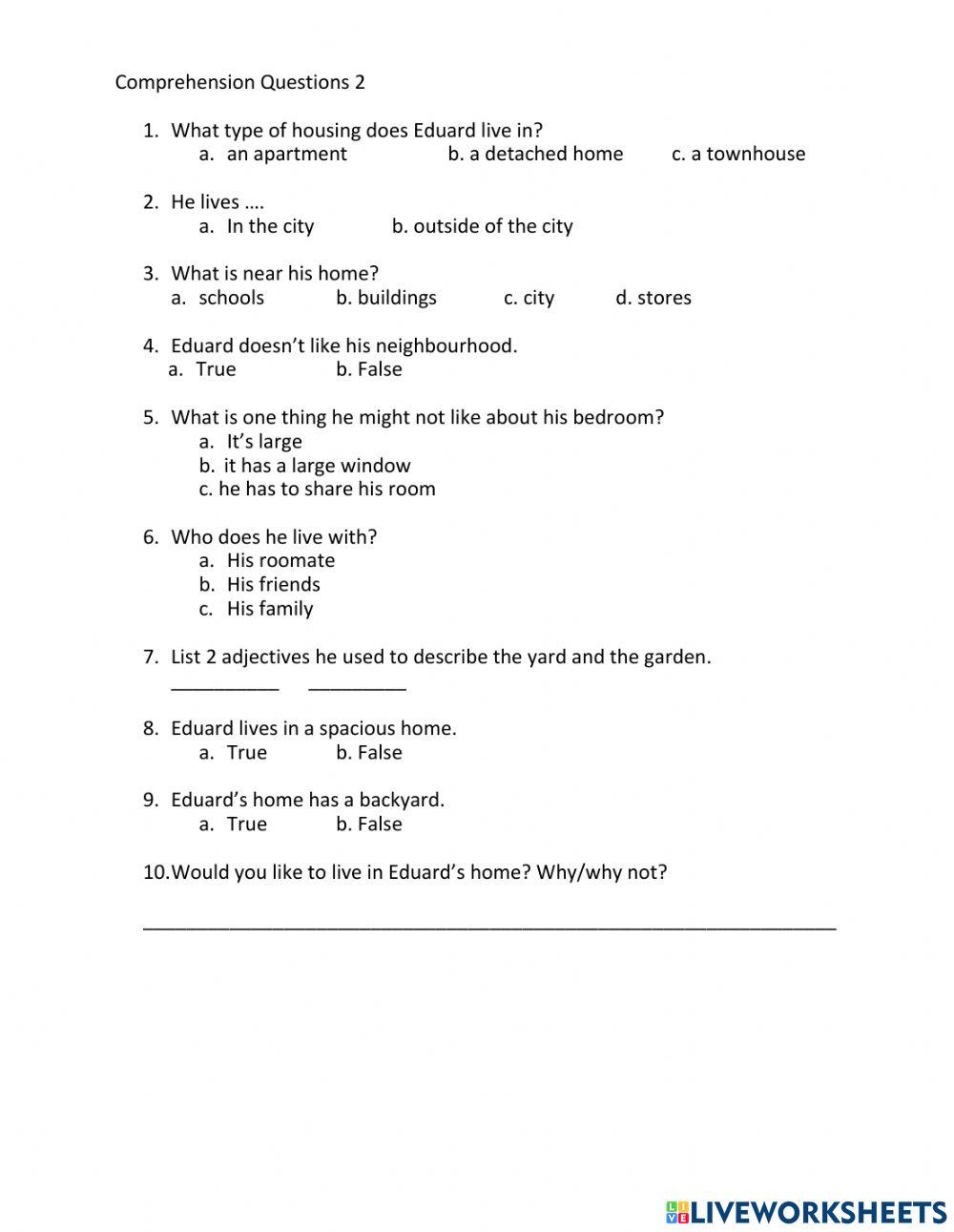 CLB 3 Housing-Reading about Homes Practice online exercise for | Live ...